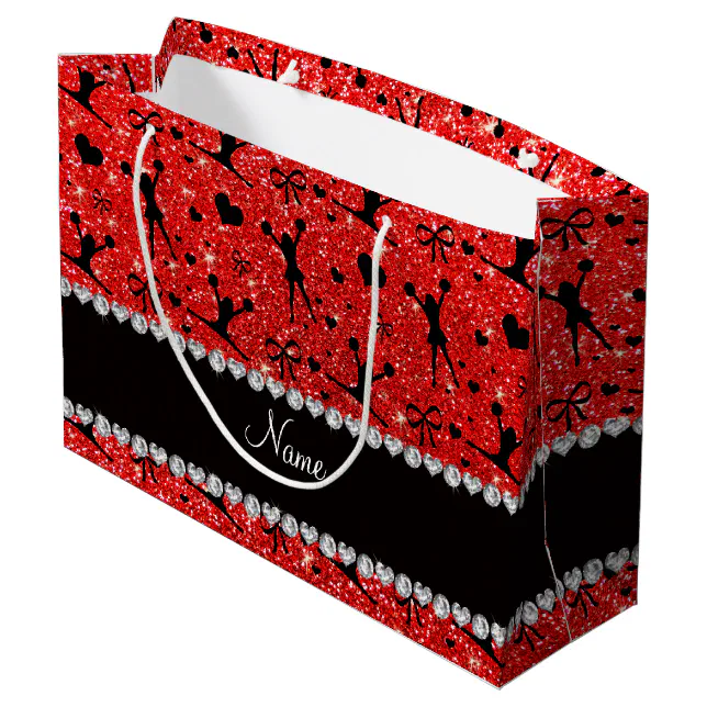 Custom name neon red glitter cheerleading large gift bag | Zazzle