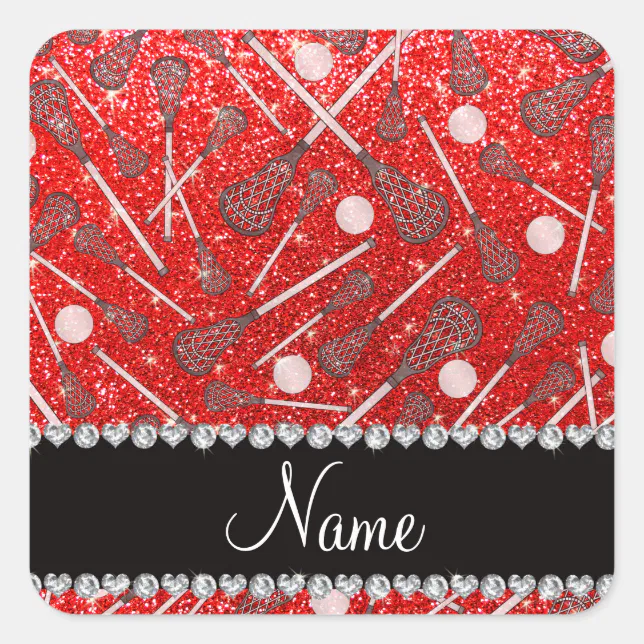 Custom name neon red glitter lacrosse sticks square sticker | Zazzle