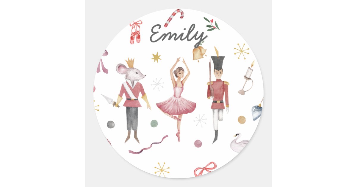 Custom name Nutcracker Ballet Ballerina Christmas Classic Round Sticker ...