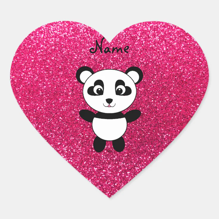 Custom name panda pink glitter heart sticker | Zazzle