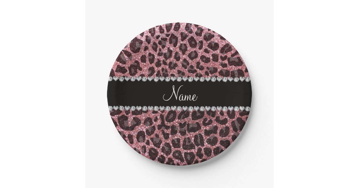 Custom name pastel pink glitter leopard print paper plates | Zazzle