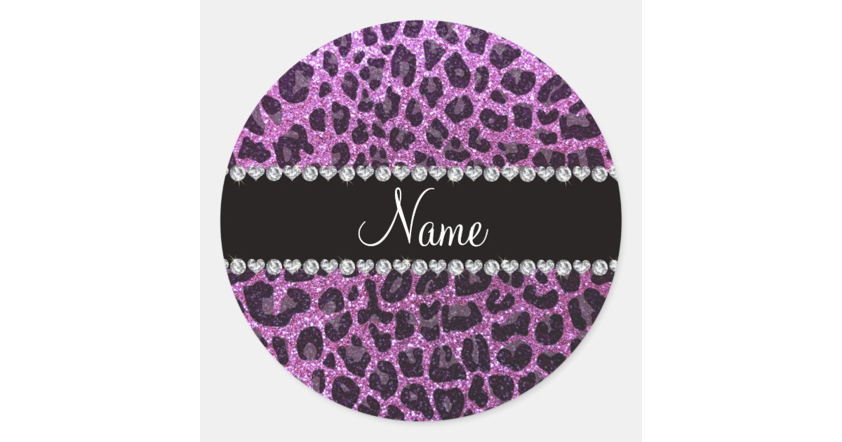 Custom name pastel purple glitter leopard print classic round sticker ...