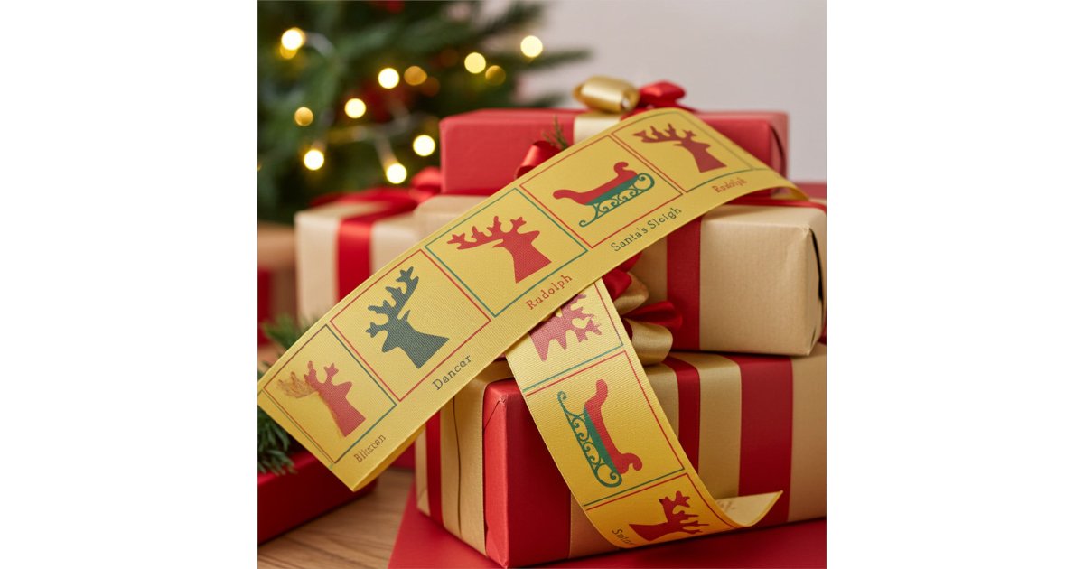 Custom Name Photos Santa's Sleigh, Reindeers Xmas Grosgrain Ribbon | Zazzle