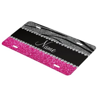 Custom name pink glitter light gray zebra stripes license plate | Zazzle