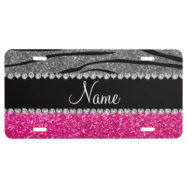 Custom name pink glitter light gray zebra stripes license plate | Zazzle