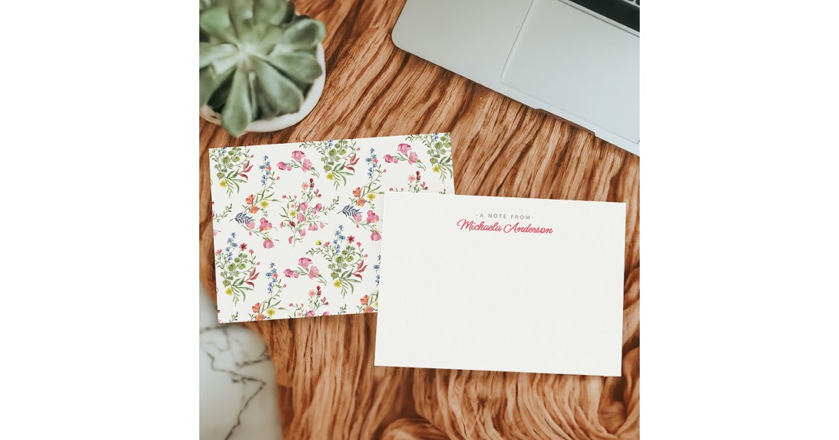 Custom Name Pink Watercolor Flowers & Greenery Note Card | Zazzle