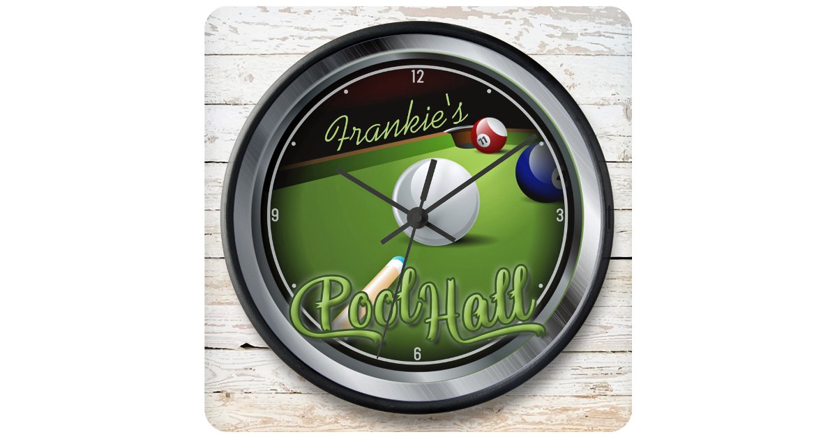Custom NAME Pool Hall Billiard Game Room Snooker Large Clock | Zazzle