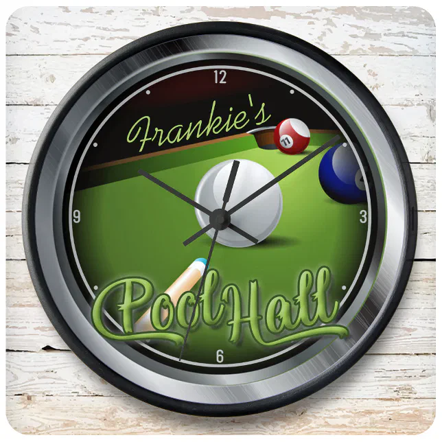 Custom NAME Pool Hall Billiard Game Room Snooker Large Clock | Zazzle