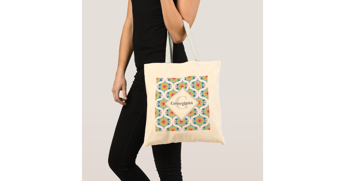 Custom Name Rainbow Floral Mandala Retro Ogee Tote Bag | Zazzle