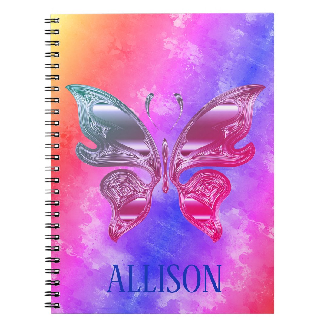Custom Name Rainbow Metallic Butterfly Notebook | Zazzle