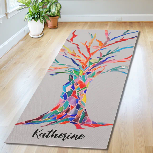 Custom Name Rainbow Tree Gray Yoga Mat | Zazzle