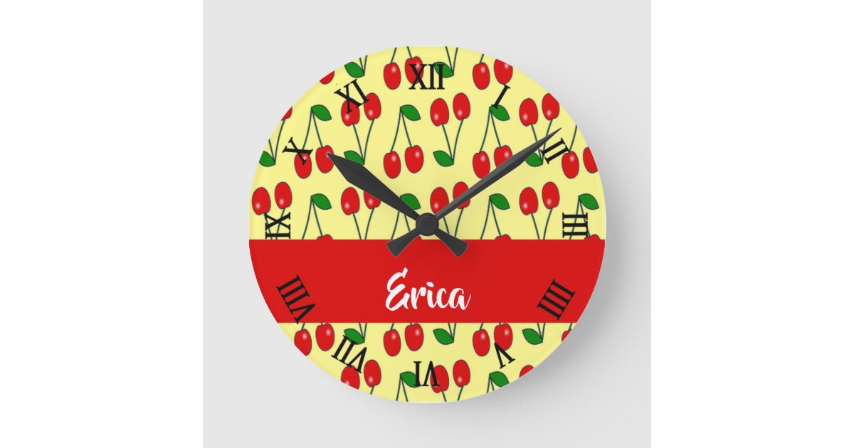 Custom name red cherries on yellow clock | Zazzle