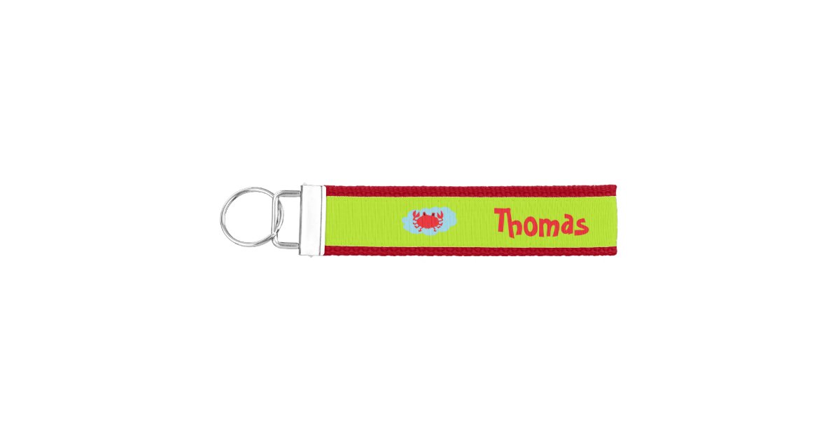 Custom name red crab on blue and green wrist keychain | Zazzle