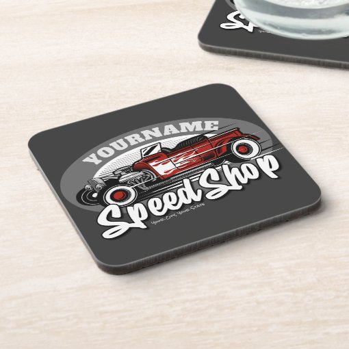 Custom NAME Red Hot Rod Roadster Speed Shop Garage Beverage Coaster ...