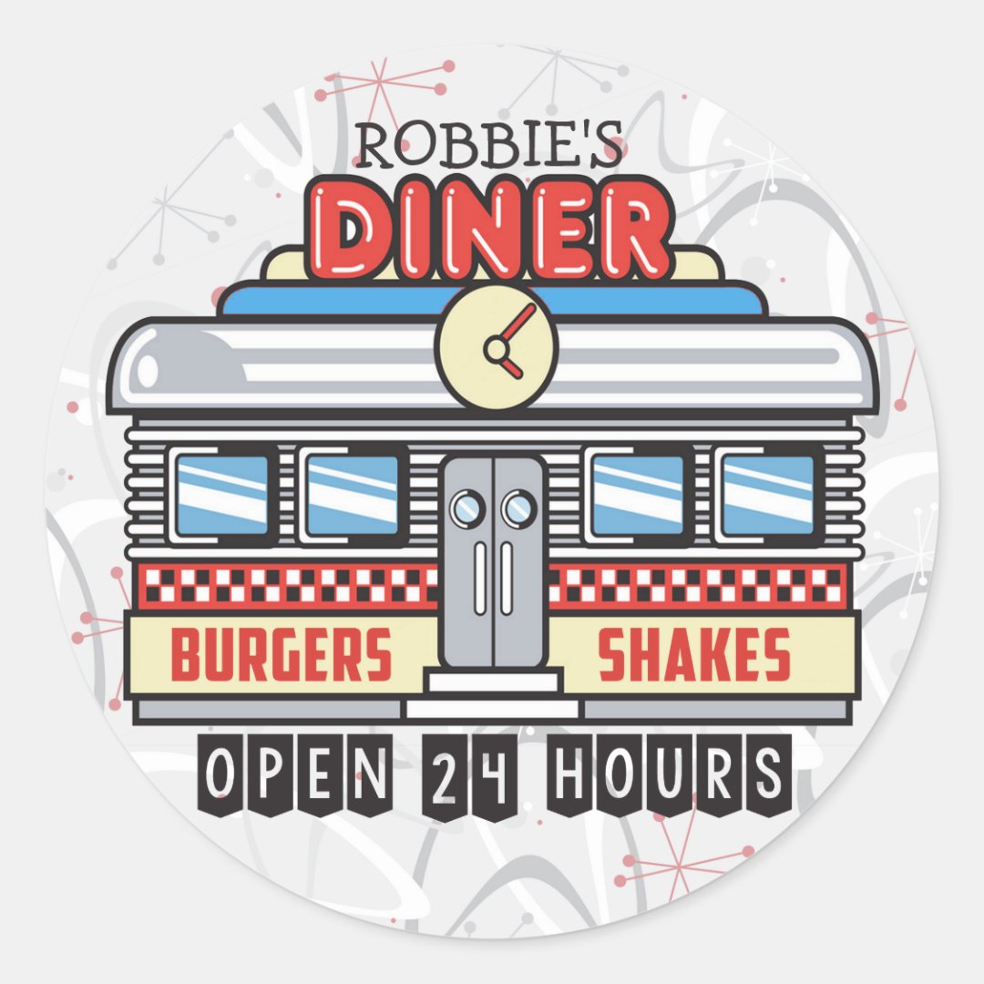 Custom NAME Retro 50s Diner Sign Fifties Atomic Classic Round Sticker ...