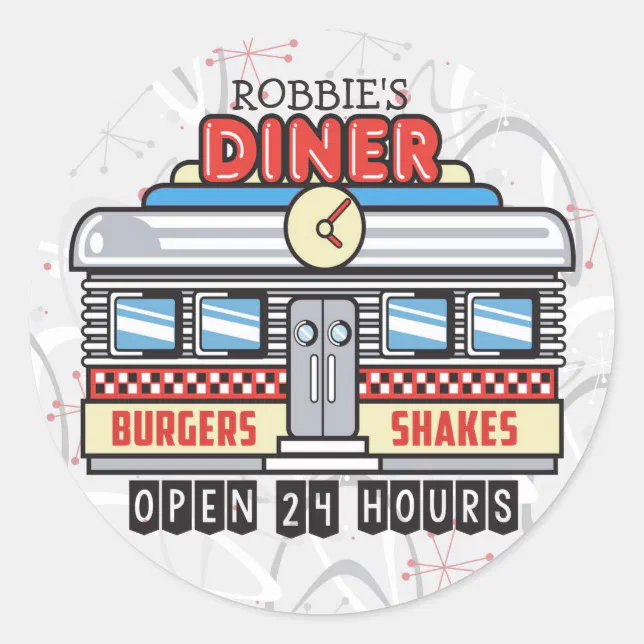 Custom NAME Retro 50s Diner Sign Fifties Atomic Classic Round Sticker ...