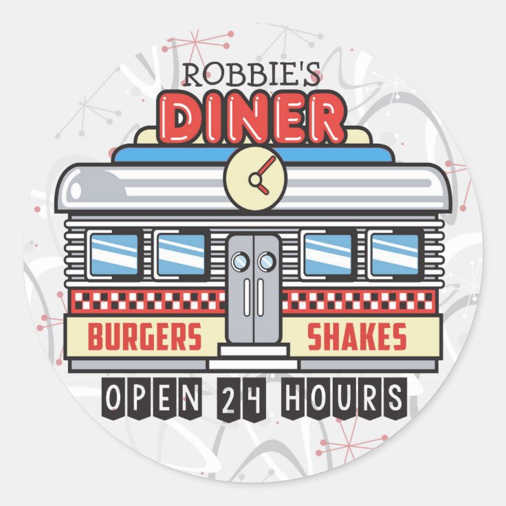 Custom NAME Retro 50s Diner Sign Fifties Atomic Classic Round Sticker ...