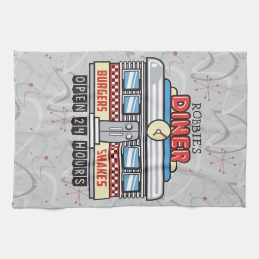 Custom NAME Retro 50s Diner Sign Fifties Atomic Kitchen Towel | Zazzle
