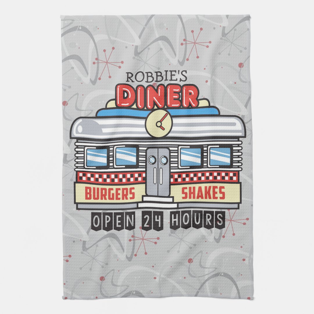 Custom NAME Retro 50s Diner Sign Fifties Atomic Kitchen Towel | Zazzle