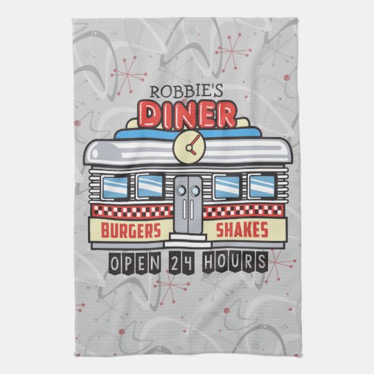 Custom NAME Retro 50s Diner Sign Fifties Atomic Kitchen Towel | Zazzle.com