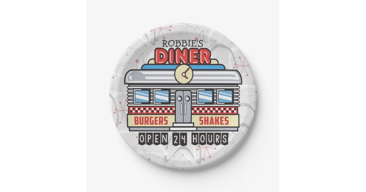 Custom NAME Retro 50s Diner Sign Fifties Atomic Paper Plates | Zazzle