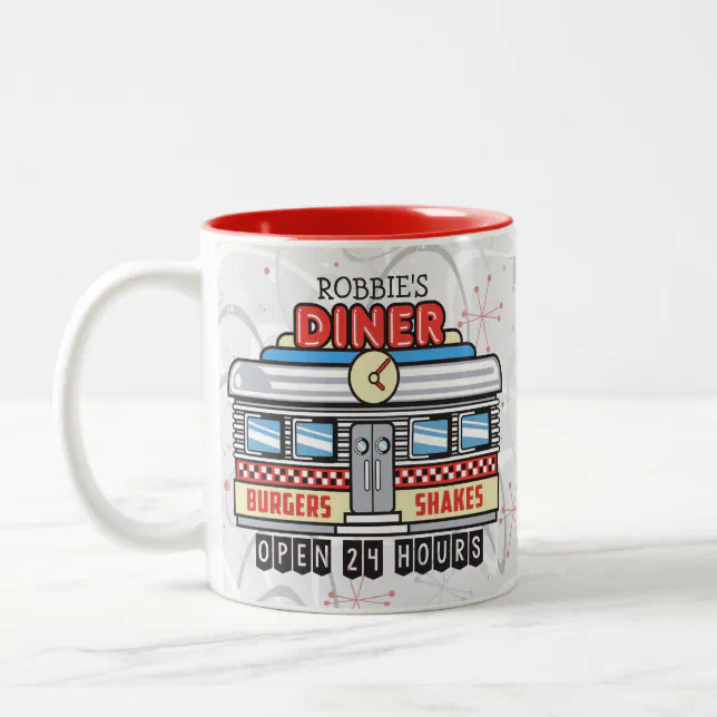 Custom NAME Retro 50s Diner Sign Fifties Atomic Two-Tone Coffee Mug ...