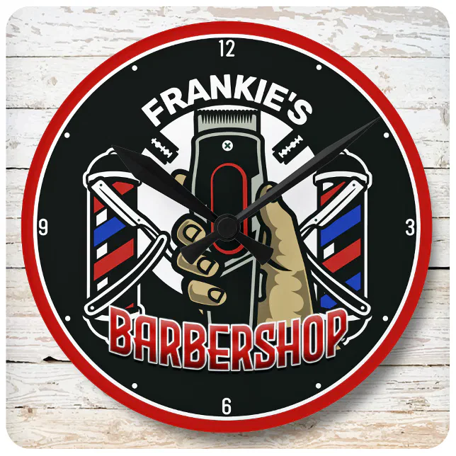 Custom NAME Retro Barber Shop Pole Barbershop Round Clock | Zazzle