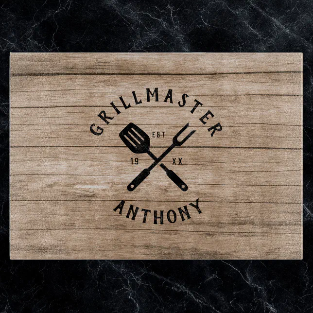Custom Name Retro GRILLMASTER Rustic Wood Cutting Board | Zazzle