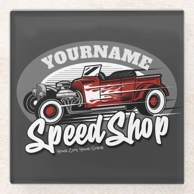 Custom NAME Rockabilly Roadster Speed Shop Garage Glass Coaster | Zazzle
