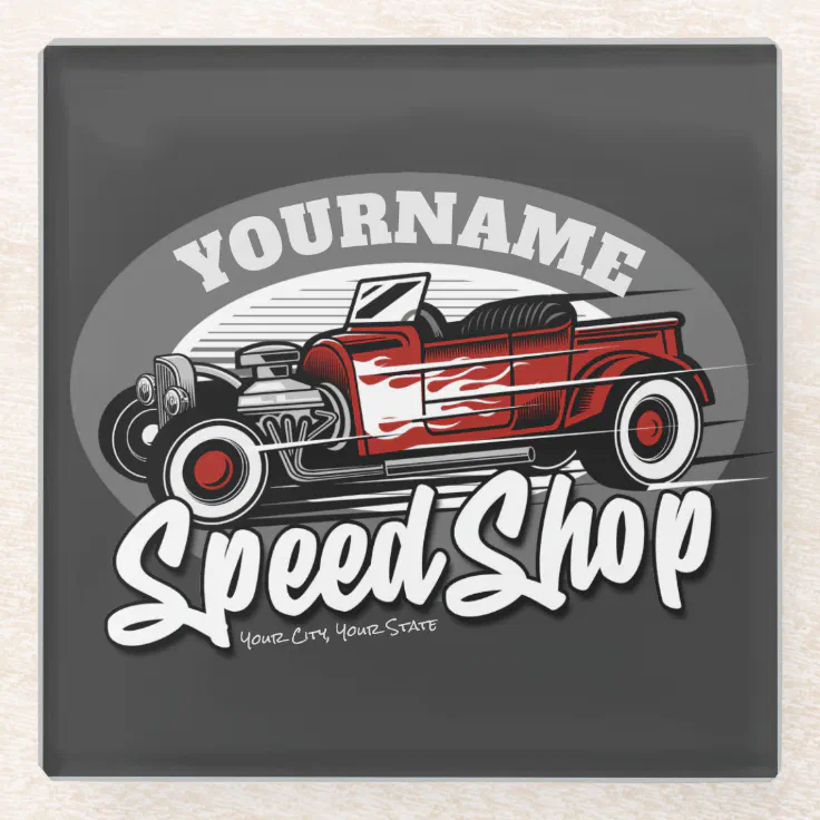 Custom NAME Rockabilly Roadster Speed Shop Garage Glass Coaster | Zazzle