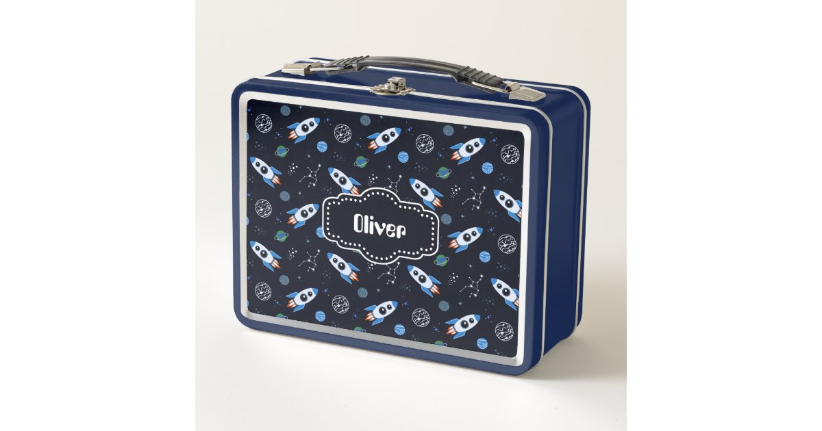Custom Name Rocketship Pattern Metal Lunch Box | Zazzle