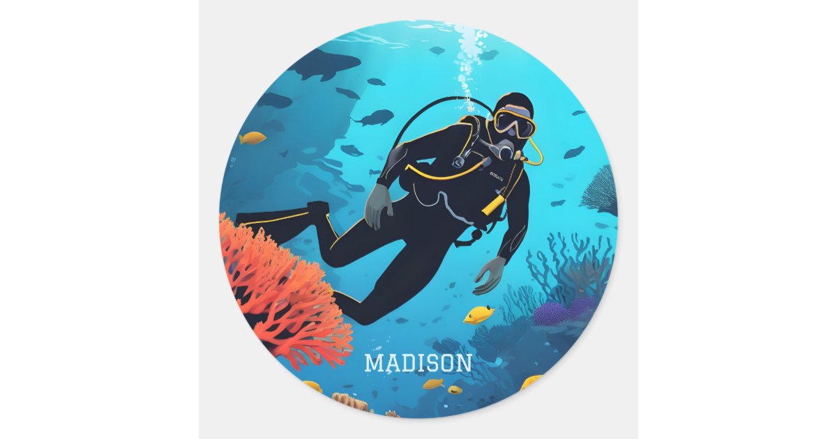 Custom Name Scuba Diver Classic Round Sticker | Zazzle
