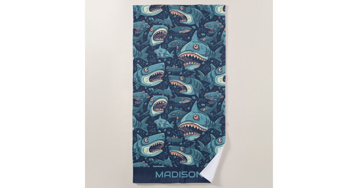 Custom Name Sharks Pattern Beach Towel | Zazzle