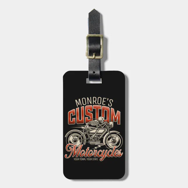 Custom NAME Skeleton Motorcycle Cycle Shop Luggage Tag | Zazzle
