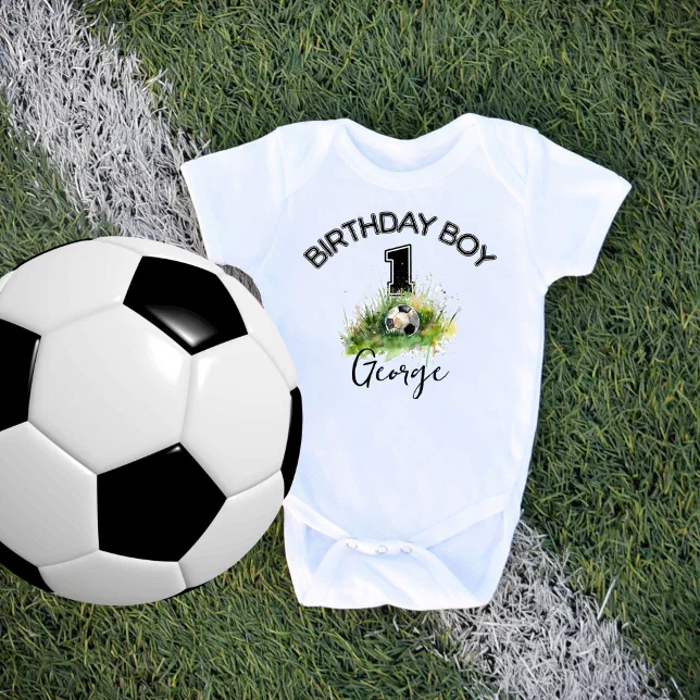 Custom Name Soccer Ball First Birthday Baby Bodysuit | Zazzle
