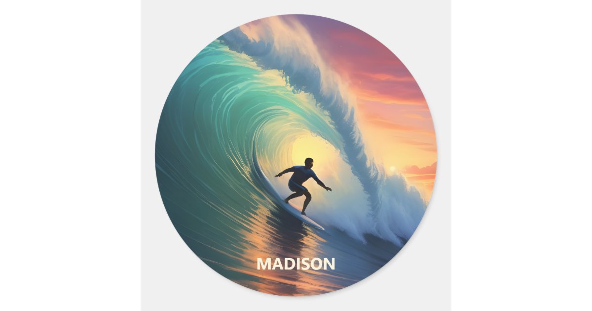 Custom Name Surfing Classic Round Sticker | Zazzle