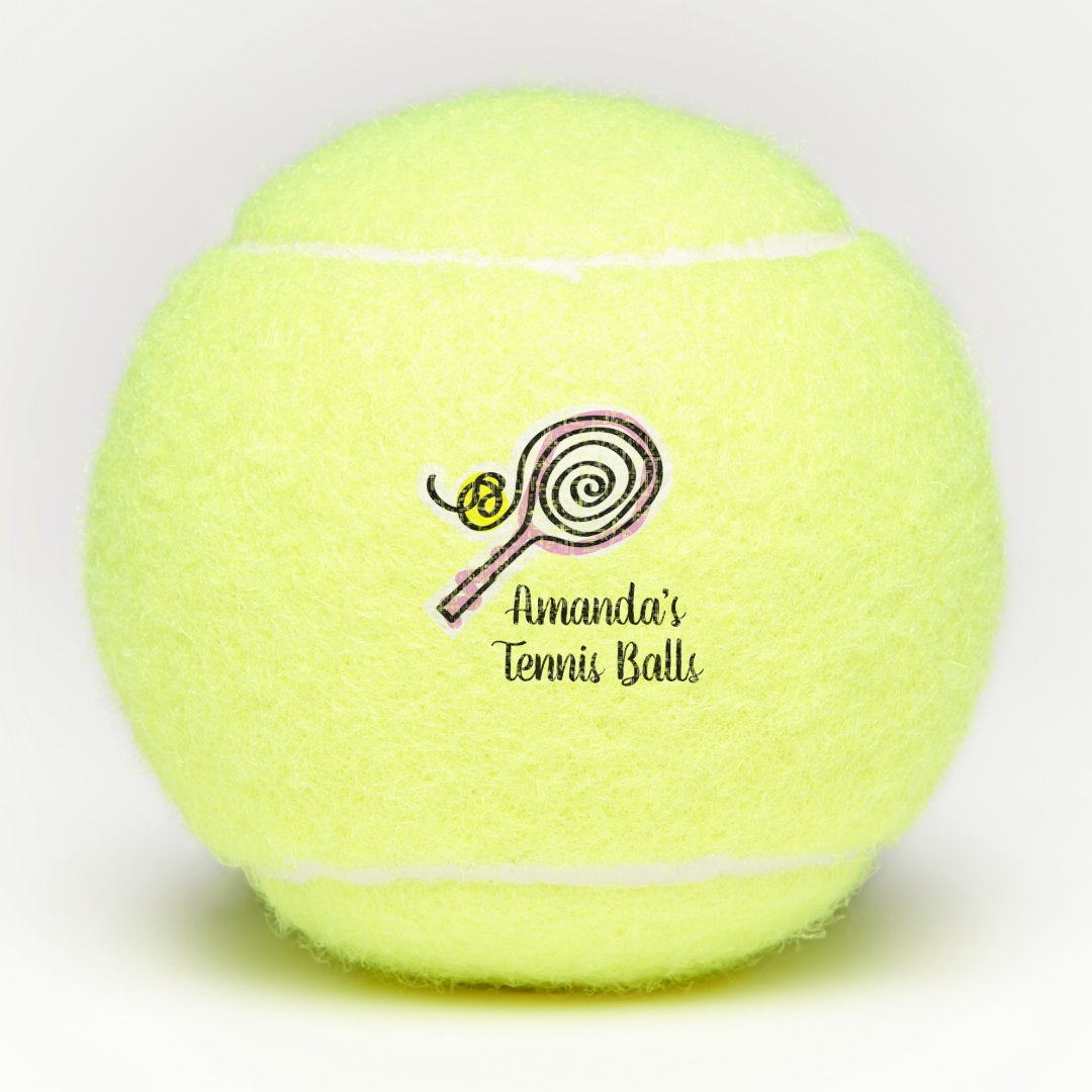 Custom name tennis balls with cute racket design | Zazzle