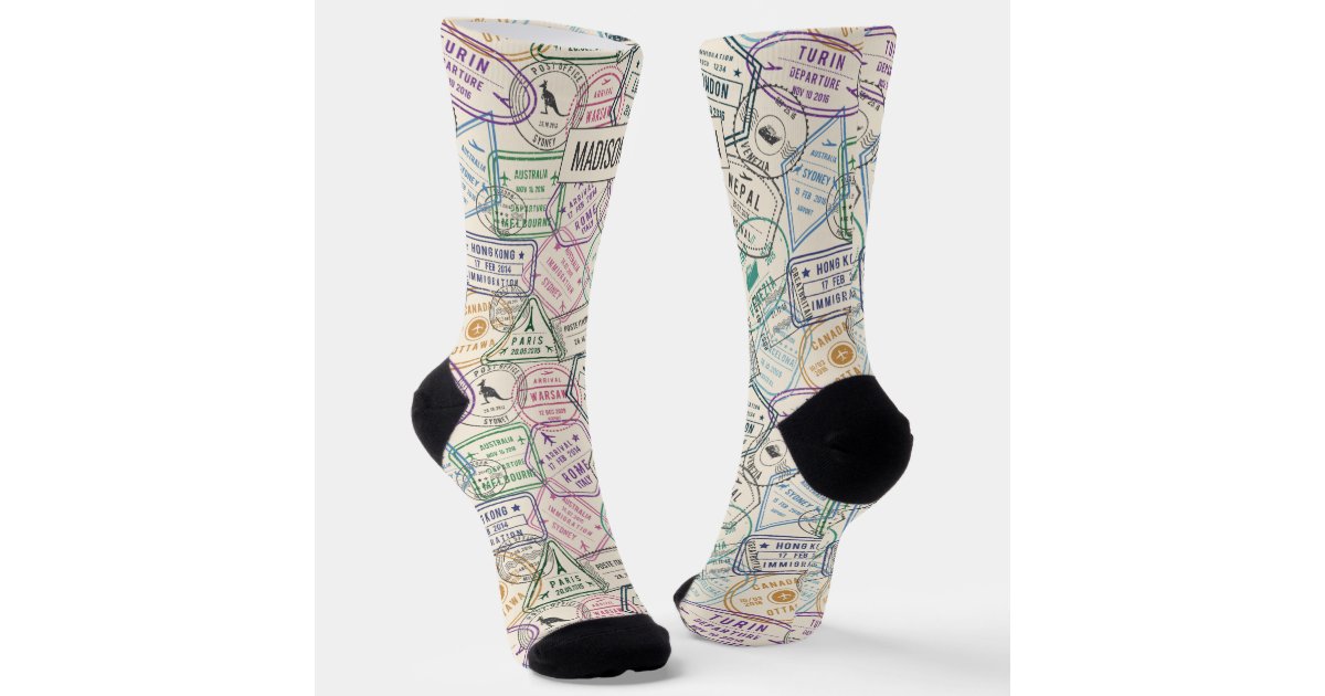Custom name Travel Stamps Pattern Socks | Zazzle