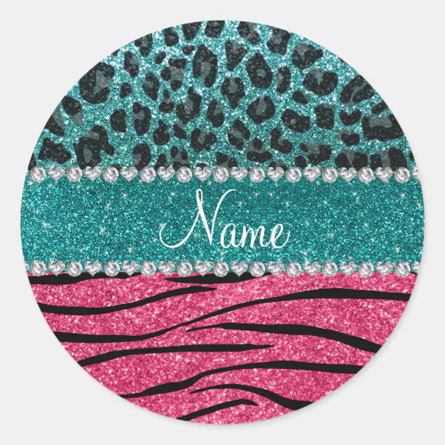 Custom name turquoise leopard pink glitter zebra classic round sticker ...