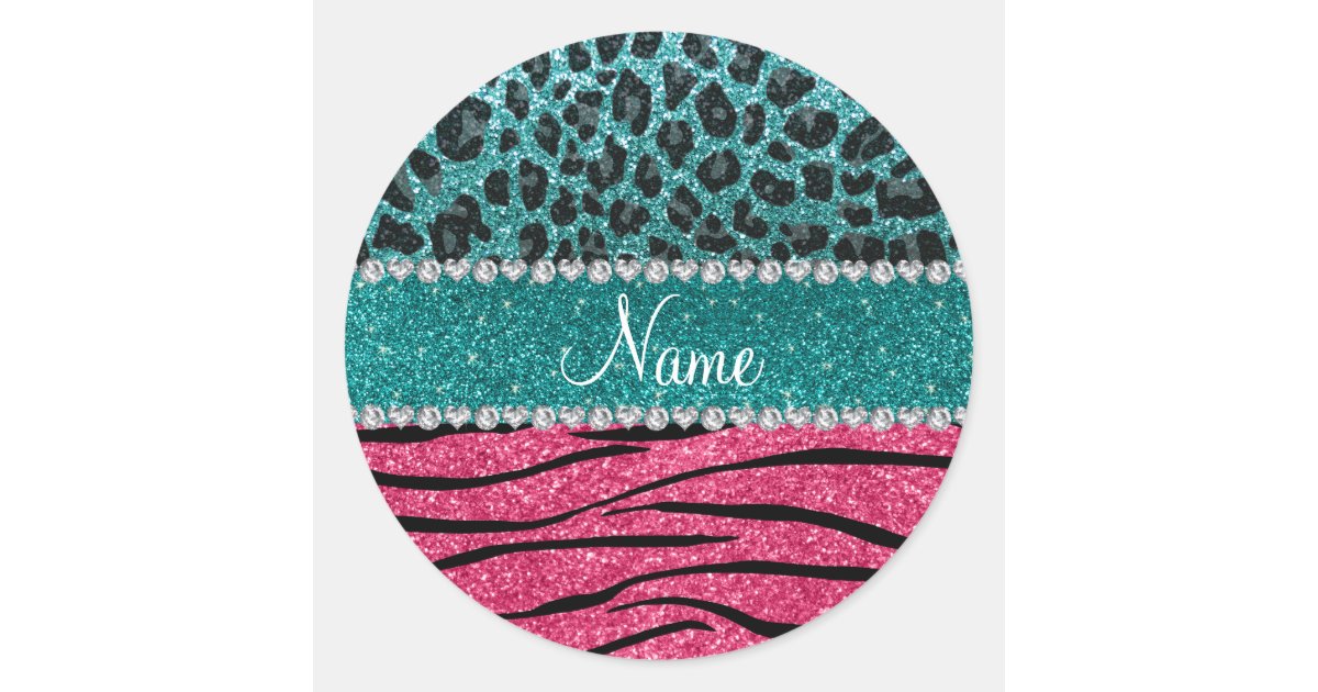 Custom name turquoise leopard pink glitter zebra classic round sticker ...