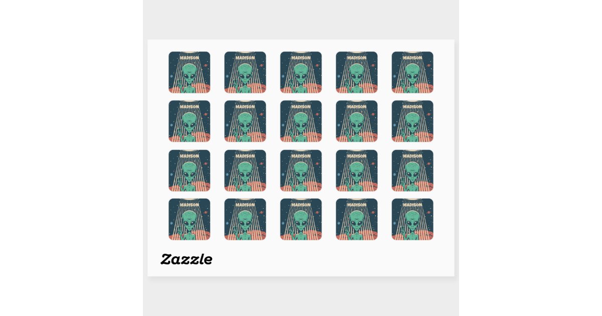 Custom Name UFO Alien Square Sticker | Zazzle