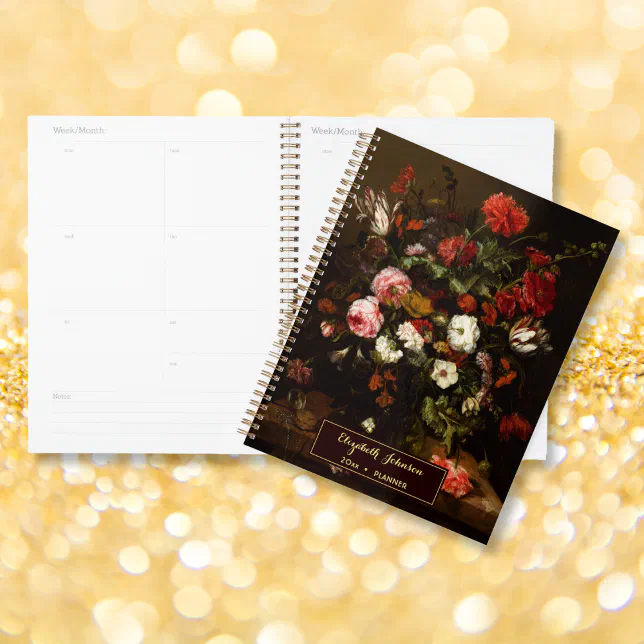 Custom Name Vintage Floral Art Gold Monogram 2025 Planner | Zazzle