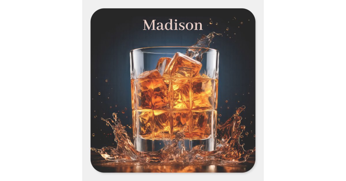 Custom Name Whiskey On The Rocks Square Sticker | Zazzle