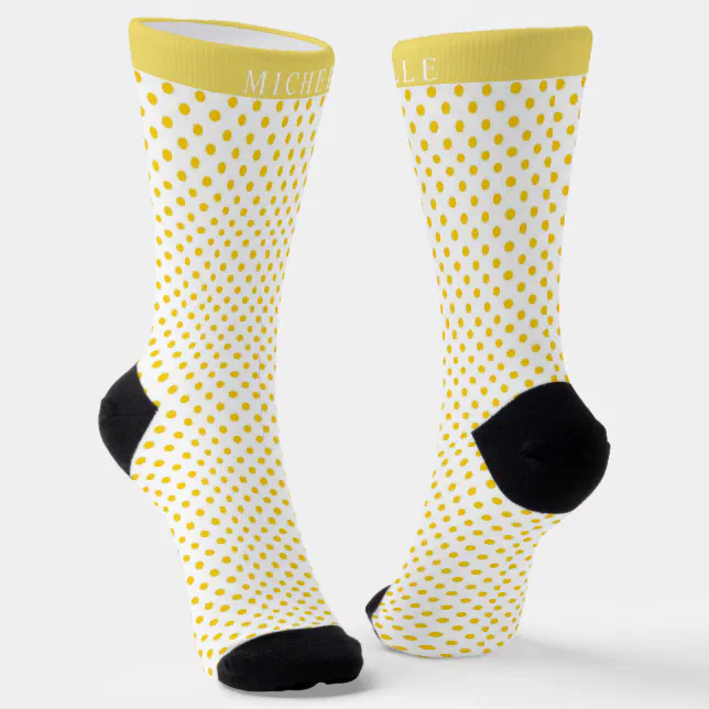 Custom Name White Background Yellow Polka Dot Socks | Zazzle
