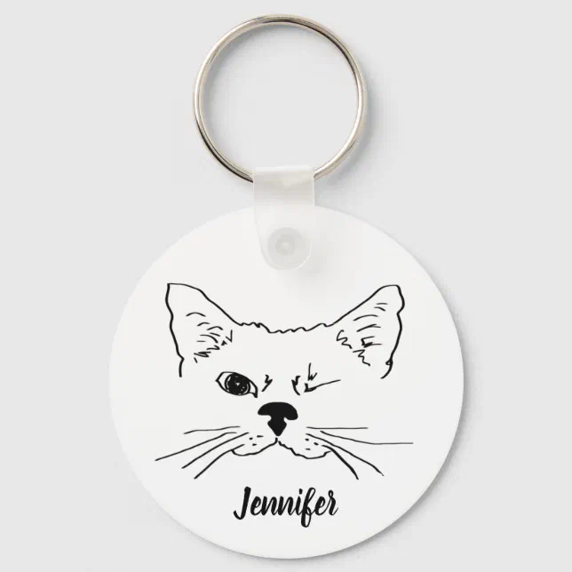 Custom Name with Cute Winking Cat Keychain | Zazzle