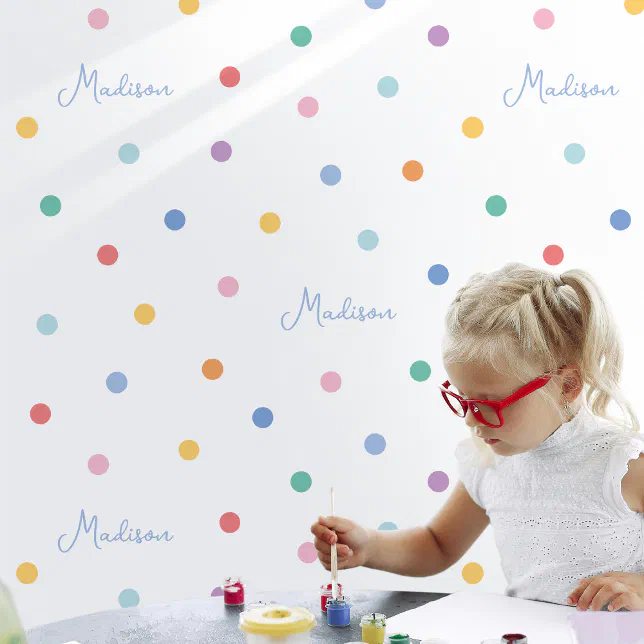 Custom Name Words Kids Colorful Polka Dot White Wallpaper | Zazzle