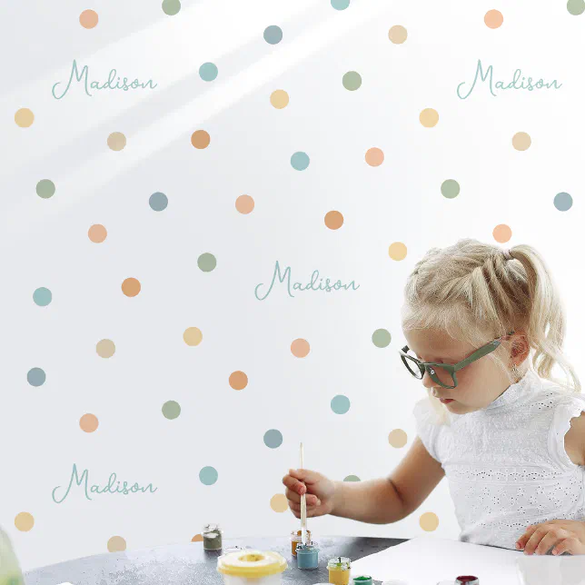 Custom Name Words Kids Pastel Polka Dot White Wallpaper | Zazzle