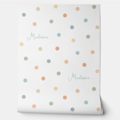 Custom Name Words Kids Pastel Polka Dot White Wallpaper | Zazzle