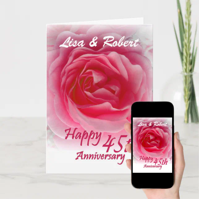 CUSTOM NAMES - 45th Anniversary with Pink Rose Card | Zazzle