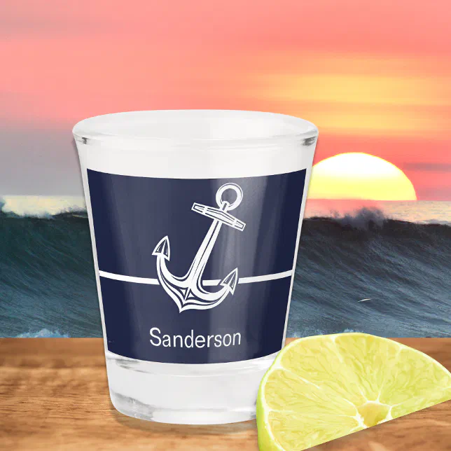 Custom Nautical Anchor Ocean Navy Blue Shot Glass | Zazzle
